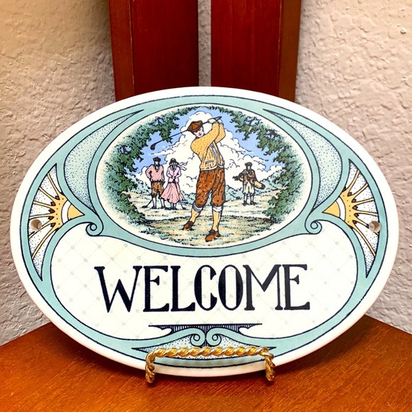 Accents | Ceramic Welcome Plaque Vintage Golfer Scenic Golf Course ...